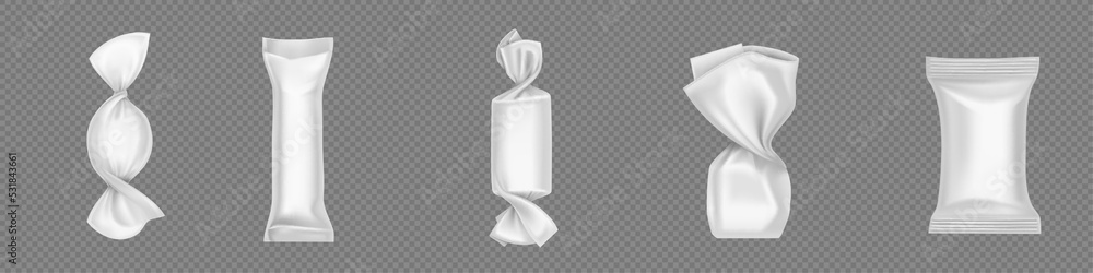 Blank wrappers of candies and chocolates, 3d white plastic packs ...