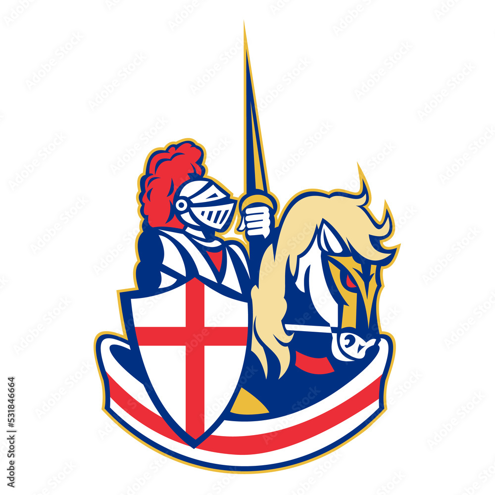ภาพประกอบสต็อก English Knight Riding Horse England Flag Retro ภาพ ...