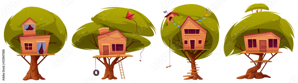 Tree house, cartoon wooden treehouse or hut for children fun games ...