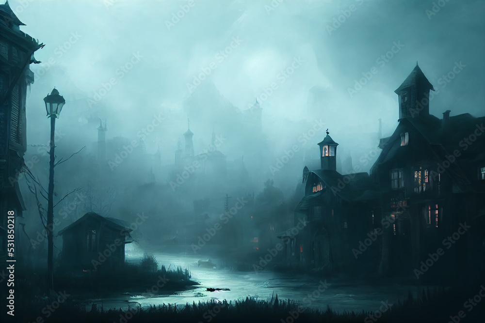 creepy and spooky fantasy village, concept art Stock Illustration ...