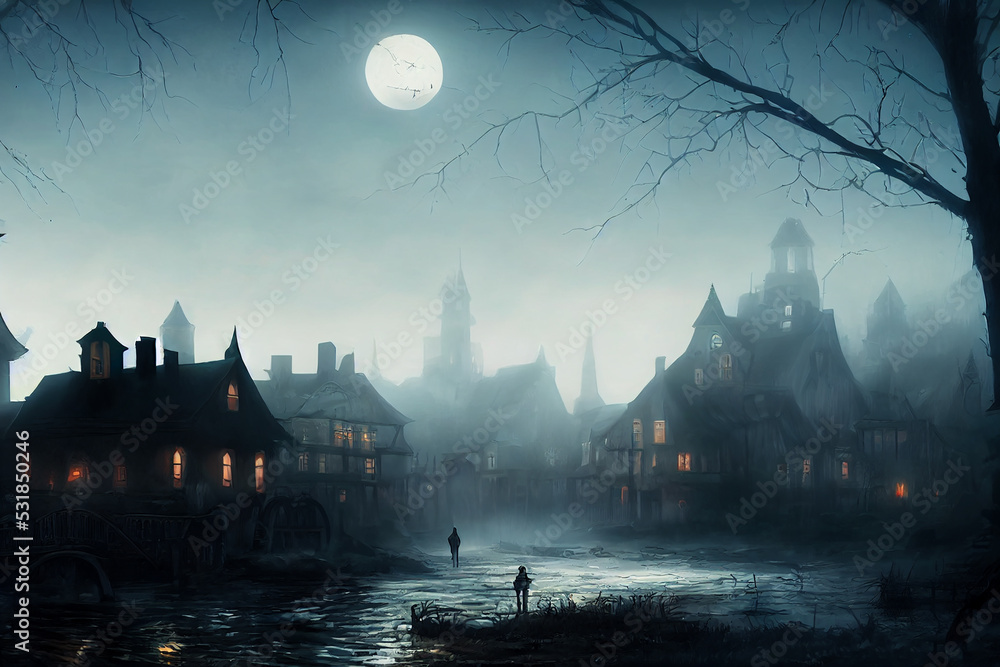 creepy and spooky fantasy village, concept art, Generative AI Stock Illustration | Adobe Stock