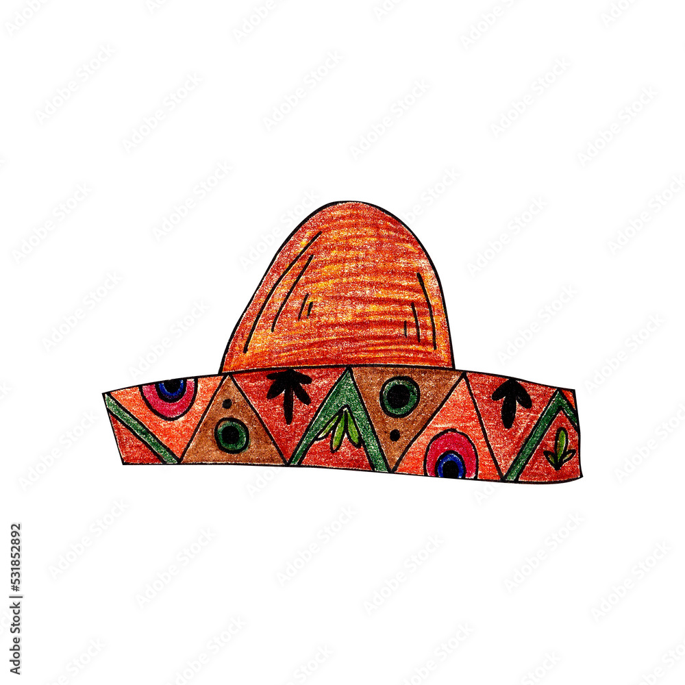 Mexican or cowboy hat. doodle illustration with watercolor pencils ...