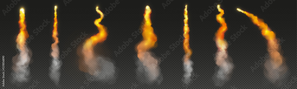 Rocket fire smoke trails, spacecraft startup launch or signal clouds ...