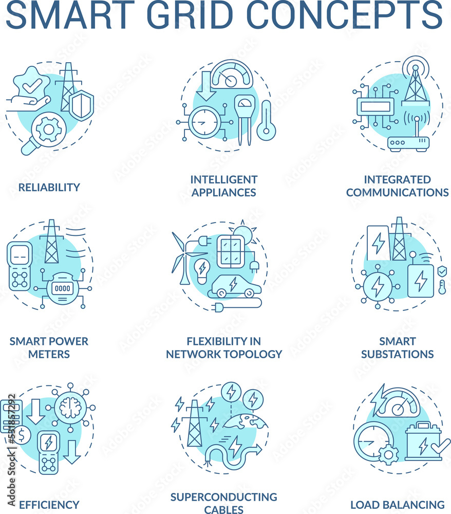 Smart grid turquoise concept icons set. Electric engineering ...