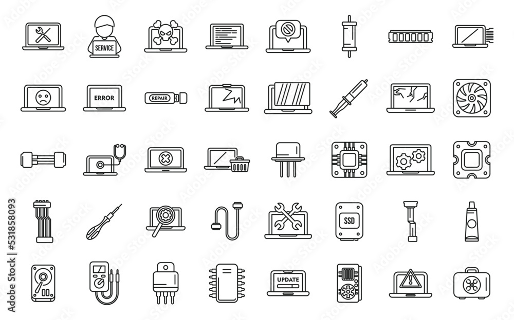 Laptop repair icons set outline vector. Repair computer. Broken support ...