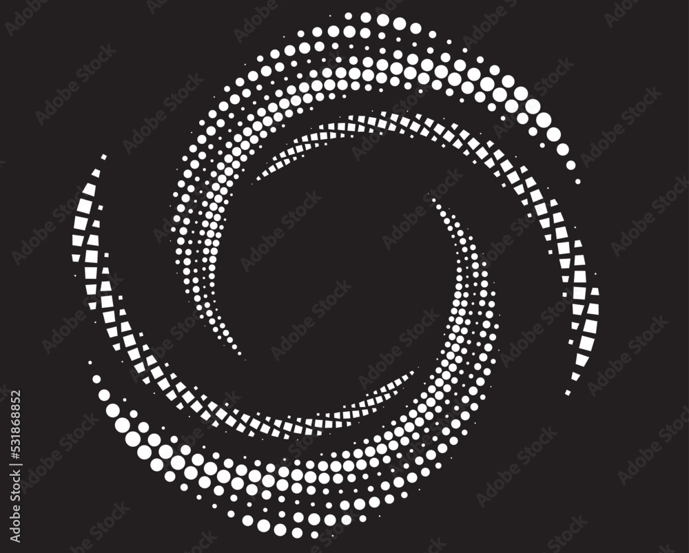 Dotted, dots, speckles abstract concentric circle. Spiral, swirl, twirl ...