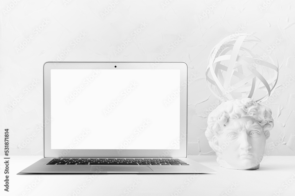 Idea concept with thinking head of white antique statue David and ...