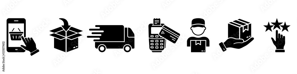 Shipping Purchase Order Guide Silhouette Icon Set. Delivery Process ...