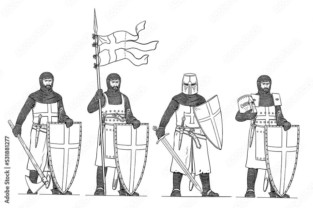 Medieval knight drawing. Set with crusaders. Templars and Knights ...