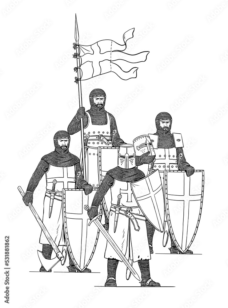 Medieval knight drawing. Set with crusaders. Templars and Knights ...