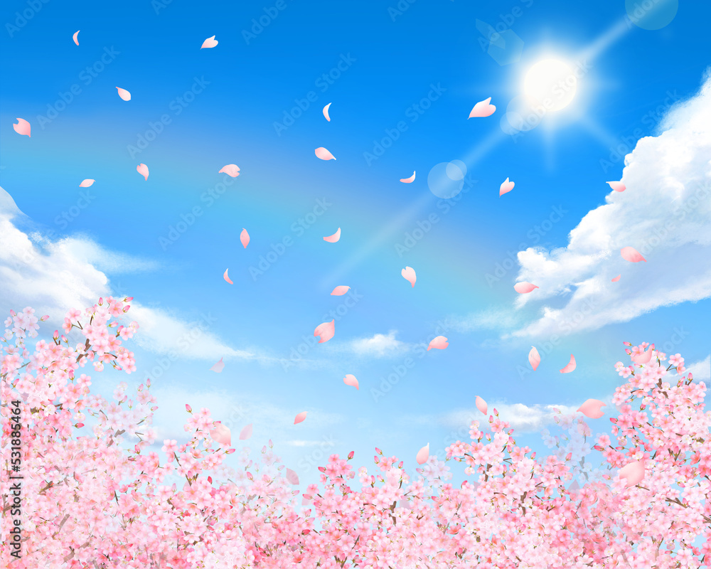 美しく華やかな桜の花と花びら舞い散る光差し込む青空ー虹ー富士山の映えるフレーム背景素材イラスト Illustration Stock