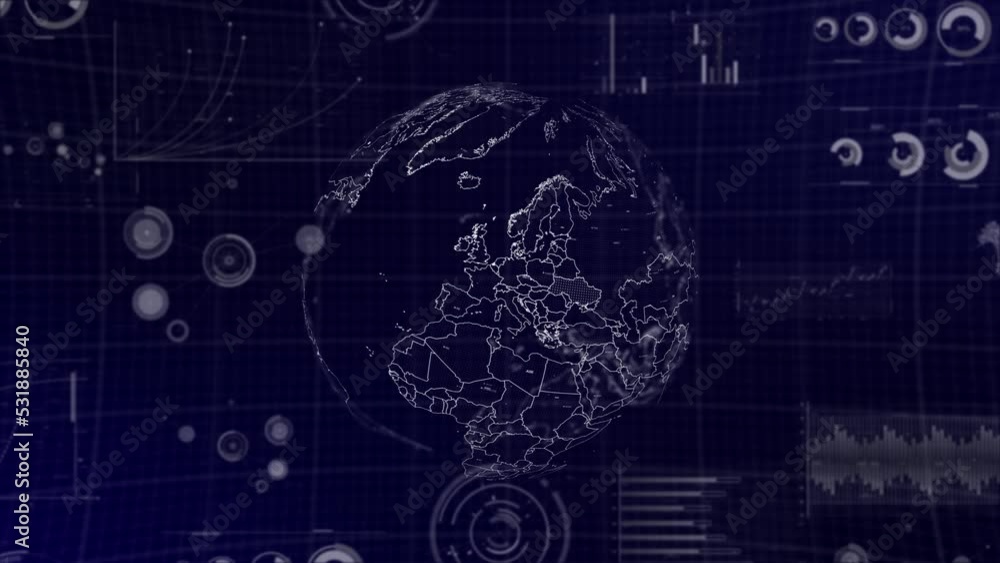 Data analysis Technology Globe rotating on Ukrain Country with graphs ...