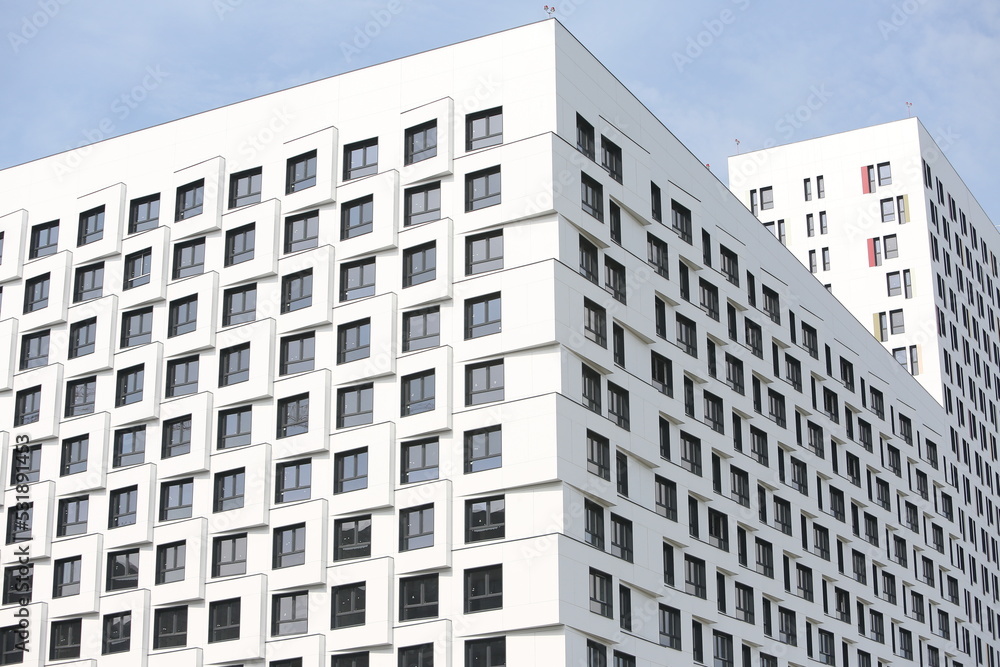 New building facade in housing complex "Green Park. PIK", Moscow city ...