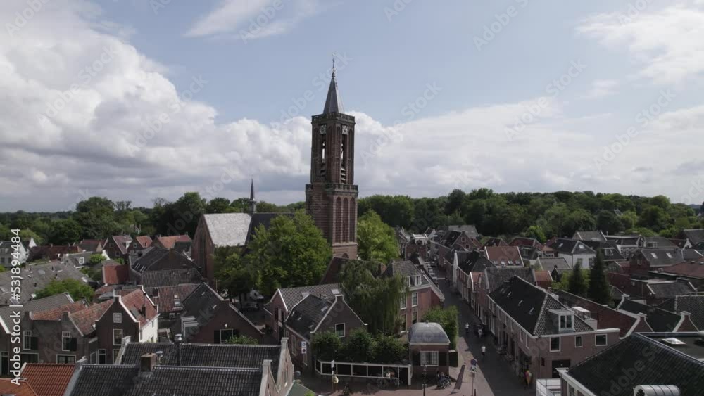 Aerial arc above Dutch village Loenen aan de Vecht with its medieval ...