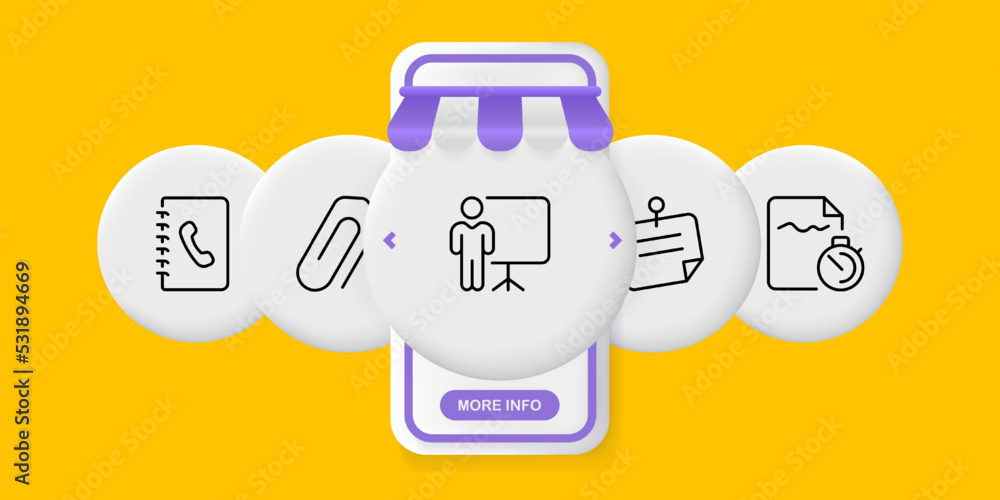 Workflow set icon. Contact book, clip, staple, employee with flipchart ...