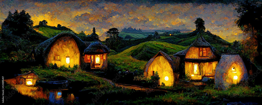 Village at night with night lamps illuminating the interiors of houses ...