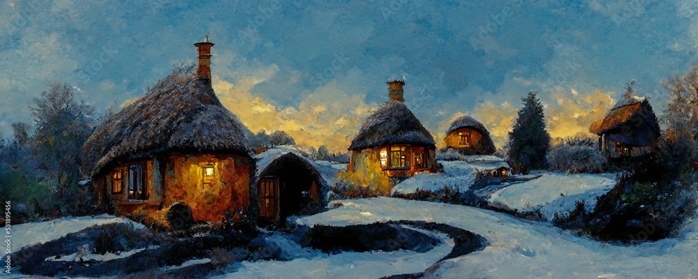 Village in the winter at night, illuminated interiors of houses ...