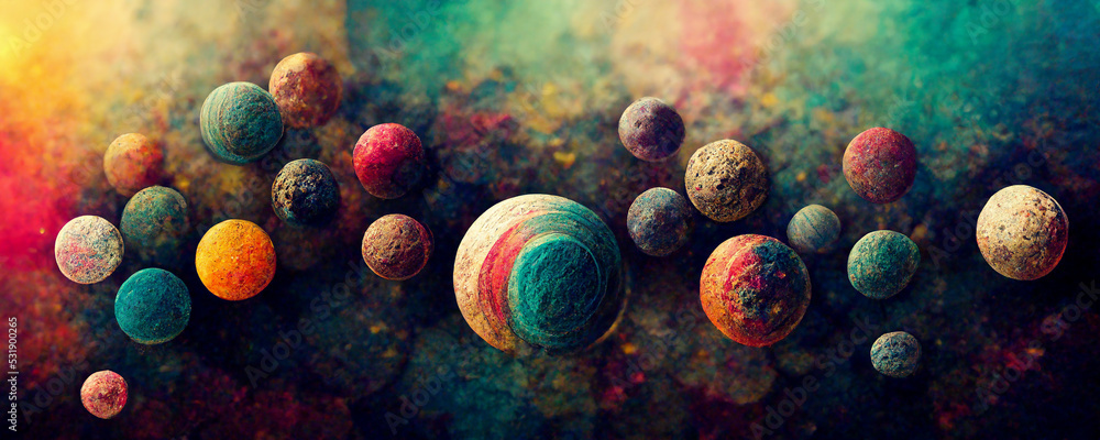 Planet art, hand drawn multicolored planets on a colourful background ...