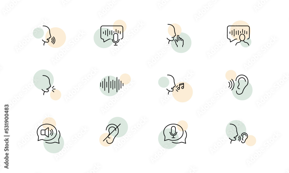 Sound set icon. Wave, ear, be quiet gesture, hear, speech bubble ...