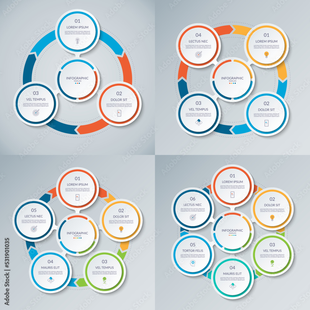 Set of infographic circles with 3, 4, 5, 6 steps. Collection of vector ...
