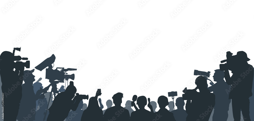 Journalists are interviewing, silhouette. Press conference of reporters ...
