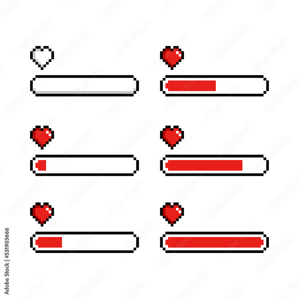 Pixel game life bar. Vector art 8 bit health heart bar. Gaming ...