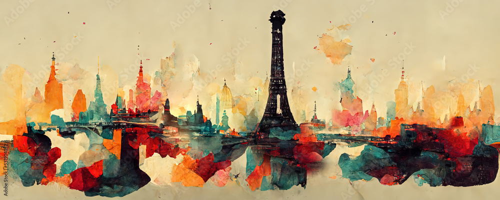 Digital modern artwork of Paris in France, featuring the Eiffel Tower ...