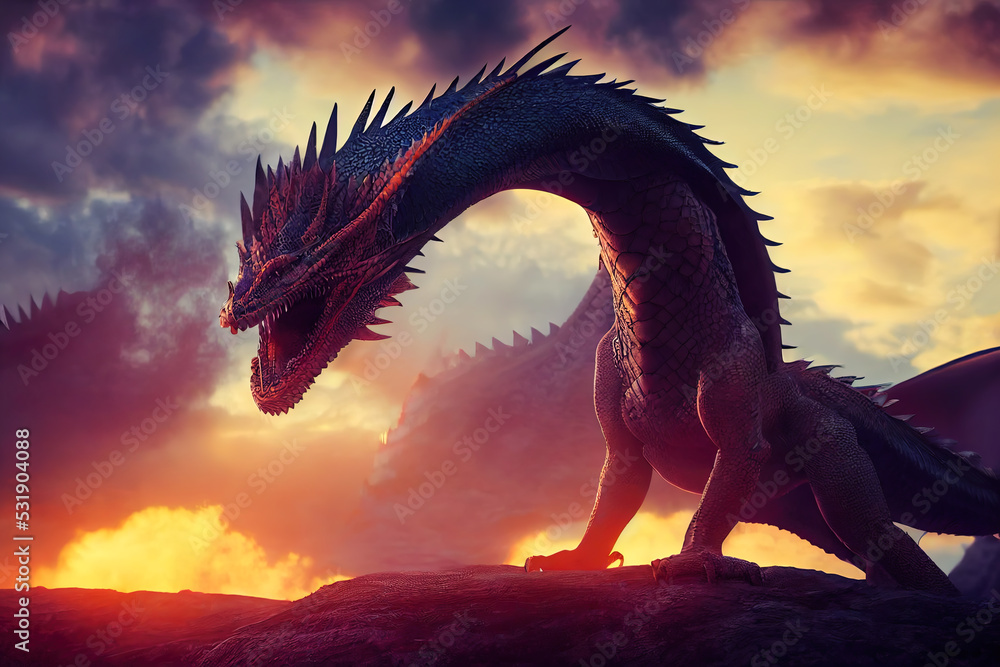 Ilustrace „A digital artwork of mythical dragon, a large reptile ...