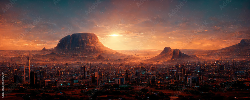 Futuristic African city landscape concept art. Digital drawing. Large ...