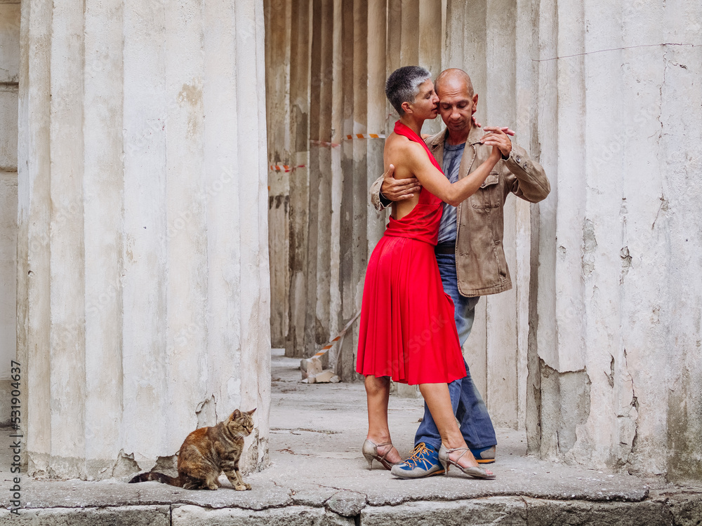 Tango nuevo dance - the famous partner dance with a woman in a red ...