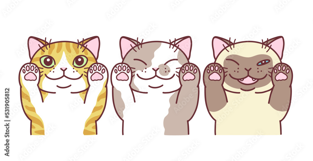 Cartoon cats raise their paws minimal vector illustration. Doodle ...