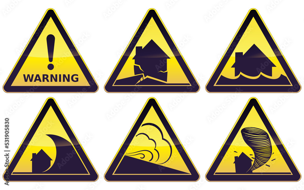 Collection of yellow and black triangular signs of natural hazards such ...