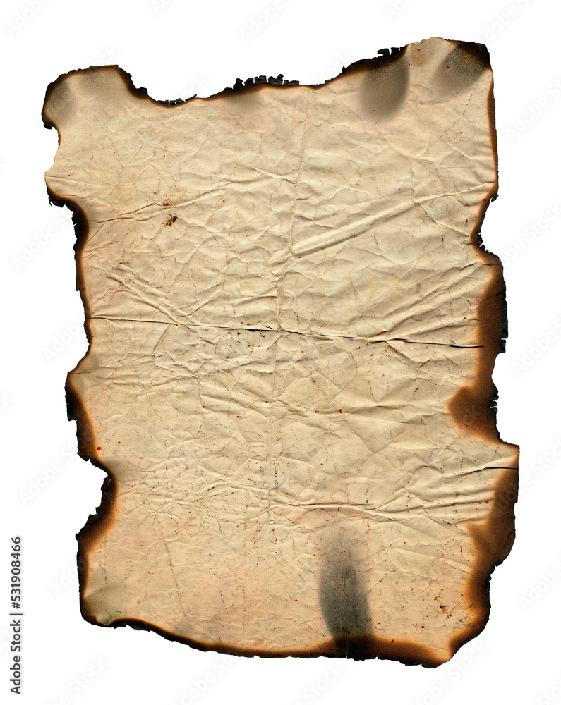 Old crumpled paper with burned edges on transparent background, .png ...