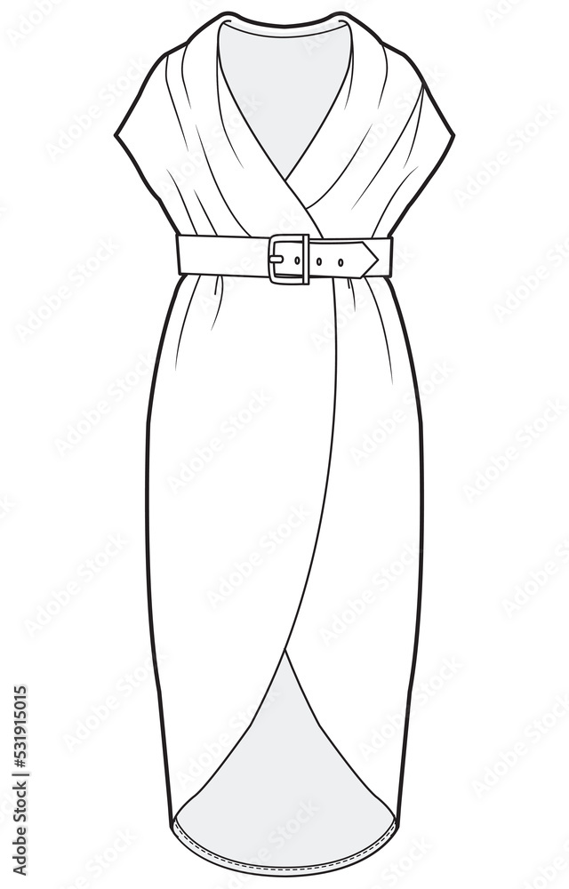 womens sleeveless belted waist wrap dress fashion flat sketch vector ...