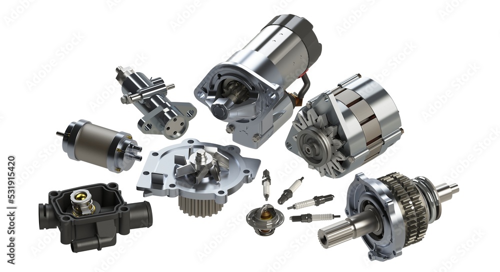 Automotive electric spare parts 3D rendering isolated on white Stock ...