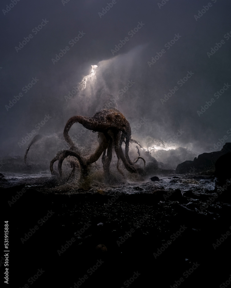sea shore with giant octopus, fantasy image, nightmare, sunset beach ...