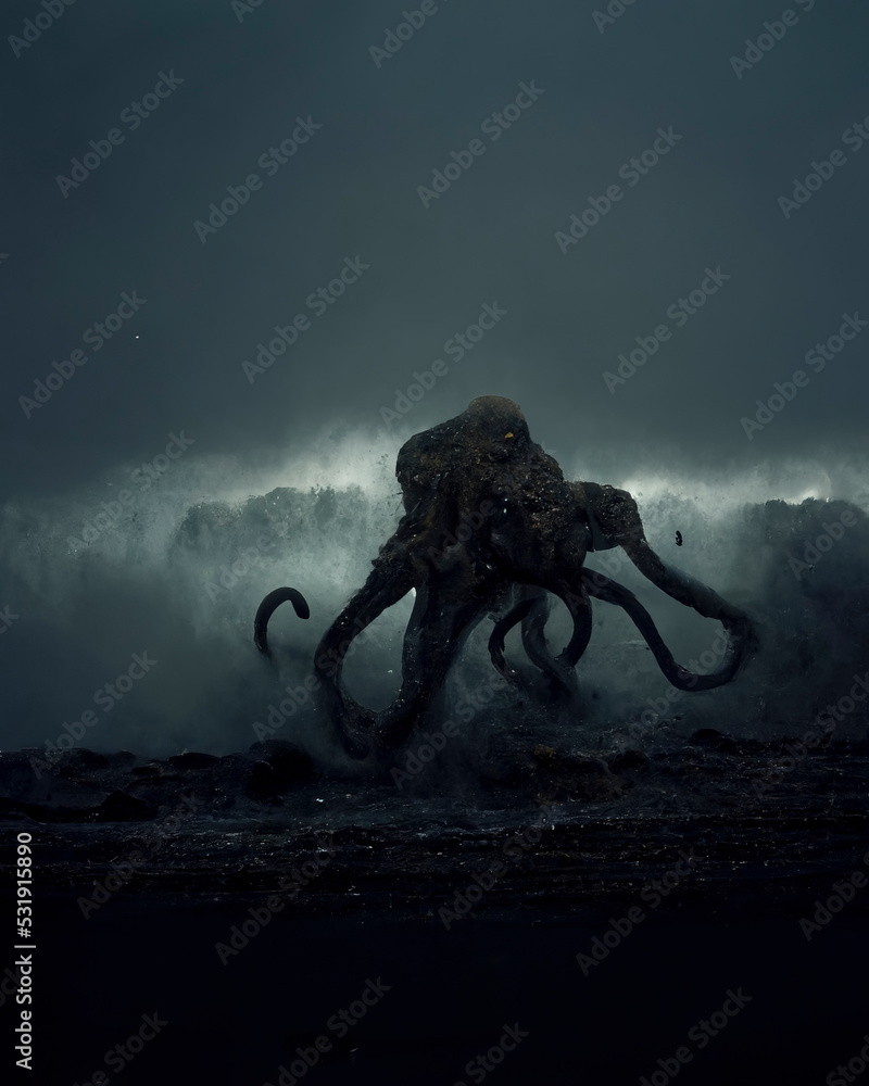 sea shore with giant octopus, fantasy image, nightmare, sunset beach ...