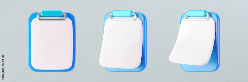 3d blue clipboard icons with blank sheet of paper isolated on gray ...