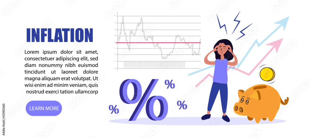 Inflation, Woman Scary of Inflation. Percentages, Piggy Bank, Coin and ...