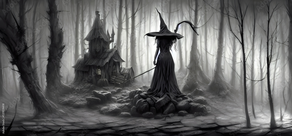 Abstract Witch in Dark Forest with Haunted Hut Banner Background ...