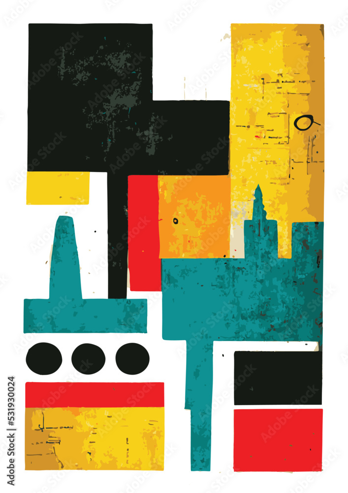 Abstract colorful composition with high rise buildings in the style of ...