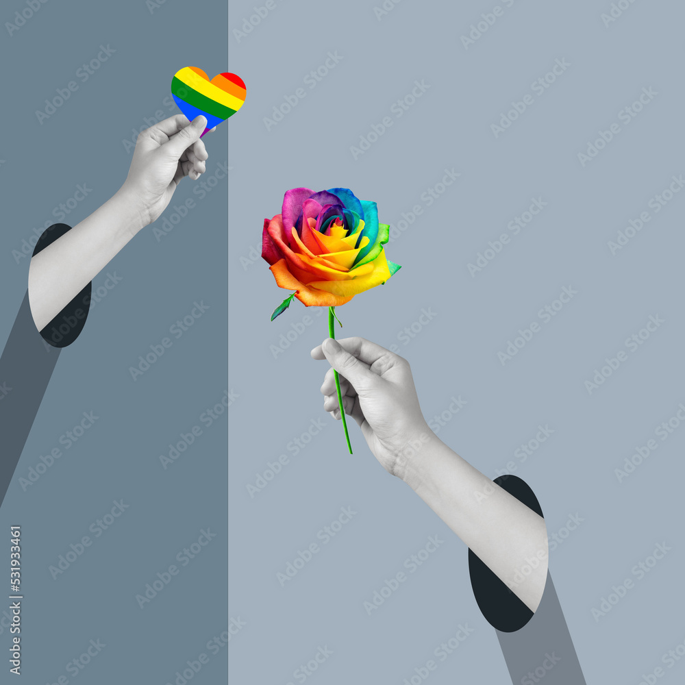 Foto de Human hands holding rose and heart. The symbol of lesbian, gay ...