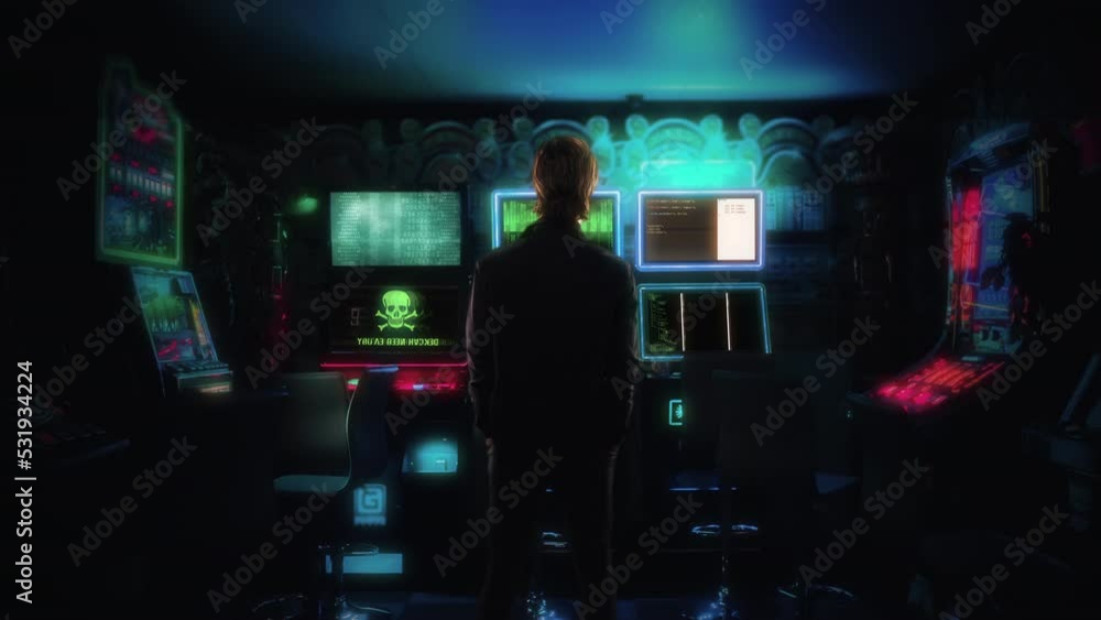 Gaming Room Hacker Looking Monitors Data Stream Zoom In. Male hacker ...