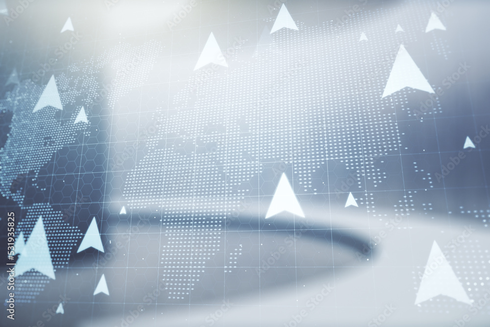 Double exposure of abstract virtual world map with pins hologram on ...