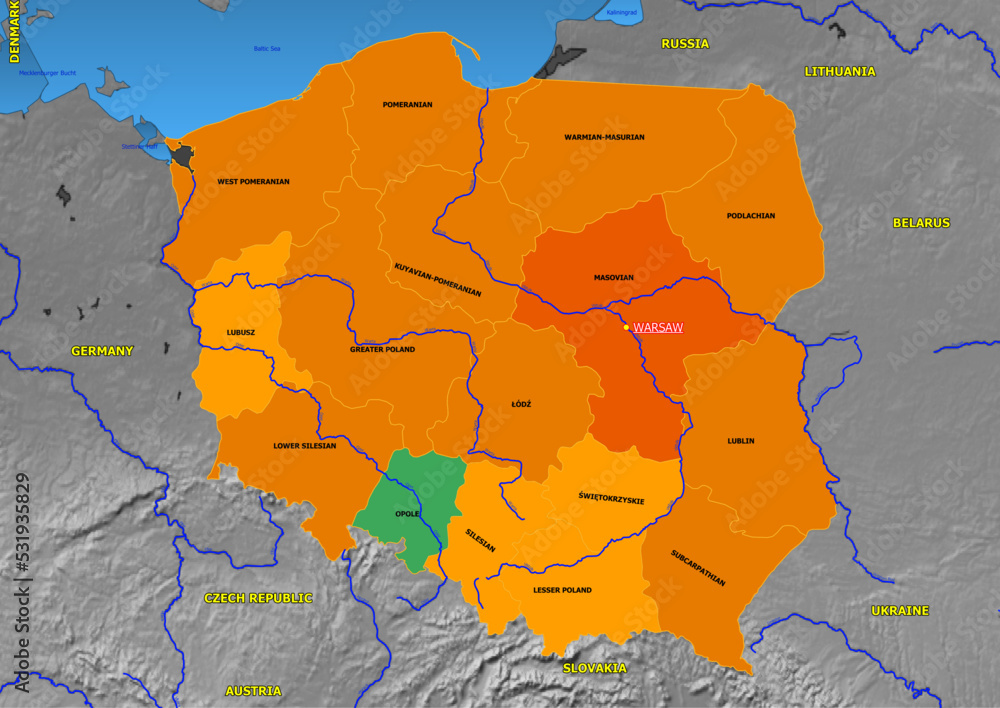 Administrative and political colored vector Map of Poland with ...