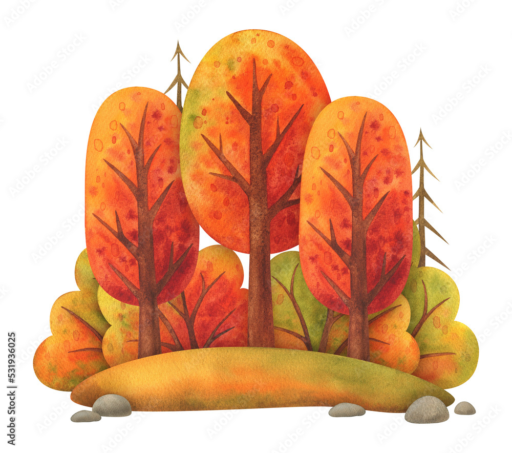 Illustration of the autumn environment. Watercolor seasonal landscape ...