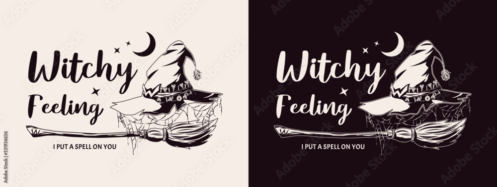Monochrome emblem with witch hat with cobwebby veil, old fashioned ...