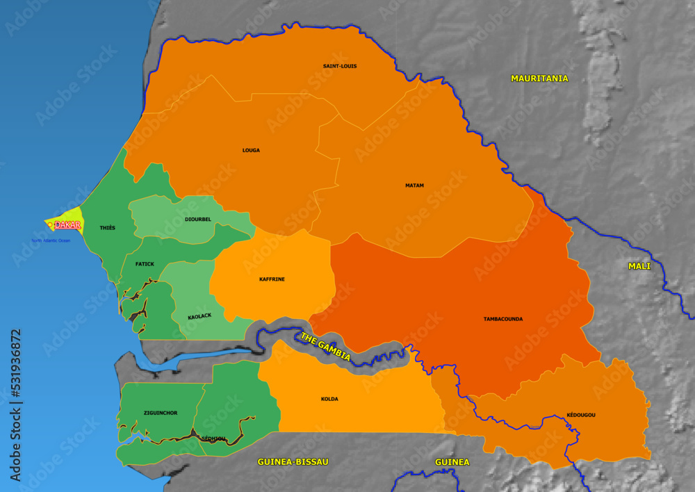 Administrative and political colored vector Map of Senegal with ...