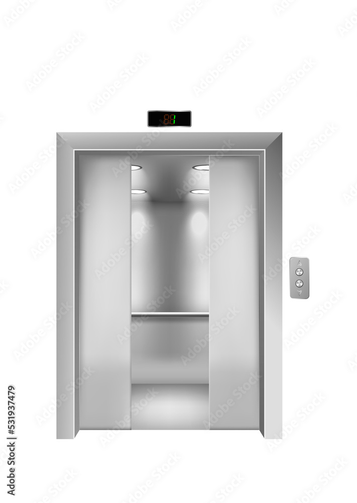 Opened metallic chrome elevator door 3d mockup, realistic vector ...