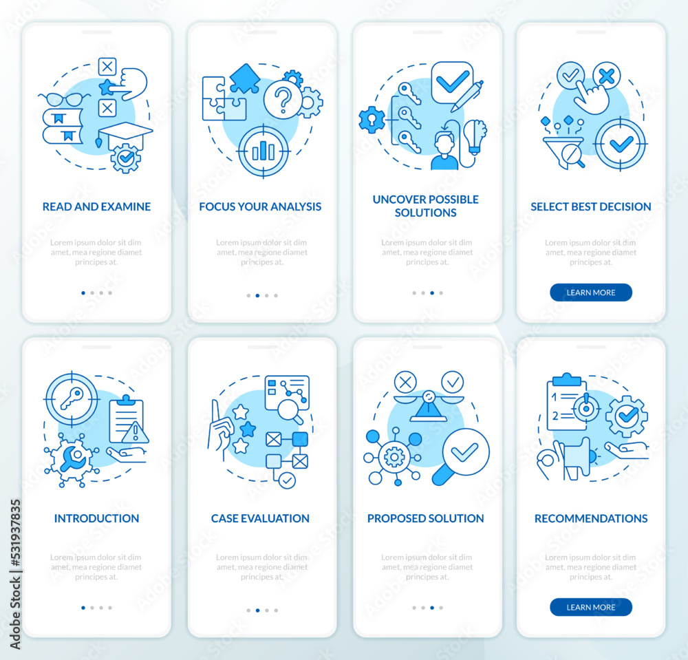 Case studying process blue onboarding mobile app screen set ...